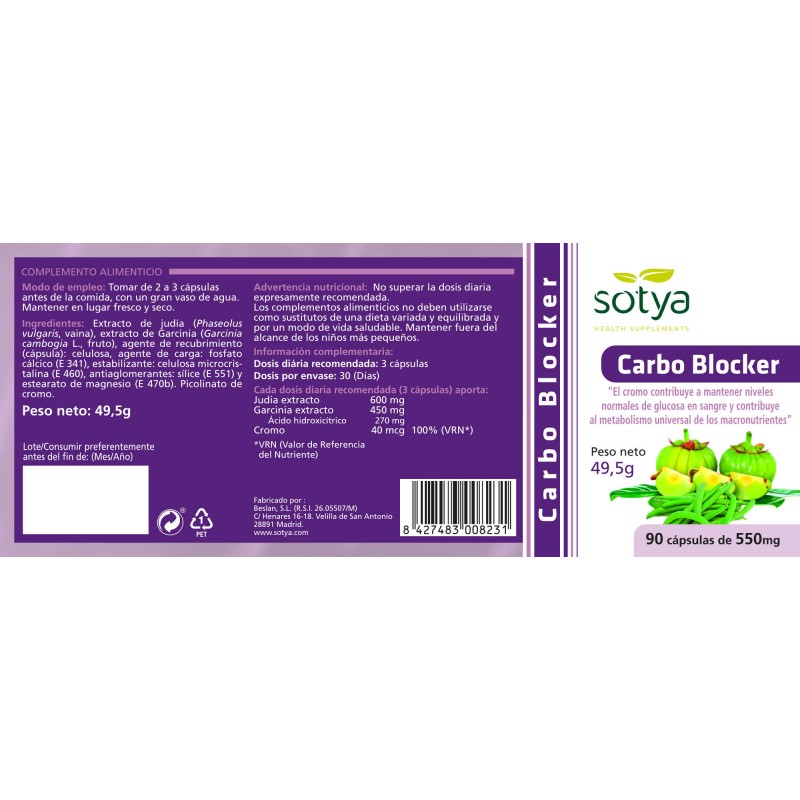Carbo Blocker | Sotya | 90 Comp. 550mg | Bloqueador Hidratos Carbono