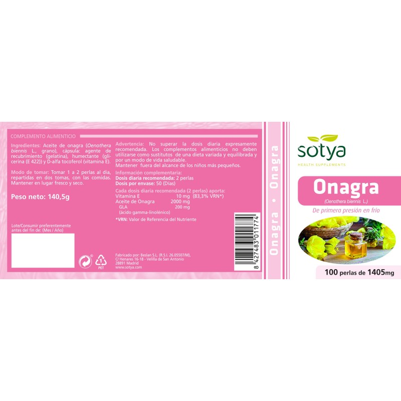 Onagra | Sotya | 100 Tablet. 1405mg | Colesterol/ Defensas/Menopausia